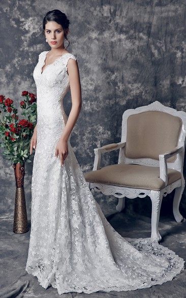 Sheath Scalloped Short Sleeve Sweep Train Lace Wedding Dress with Deep ...