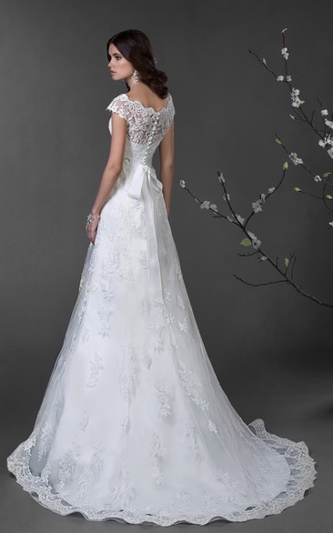 A Line Off-the-shoulder Short Sleeve Sweep Train Lace Wedding Dress ...