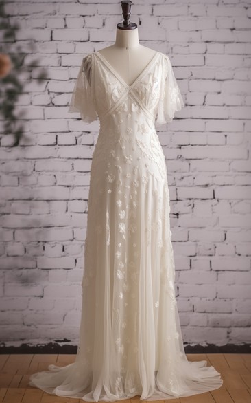 Vintage Style V Neck Empire Waist Short Sleeves Appliqued Bridal Dress ...