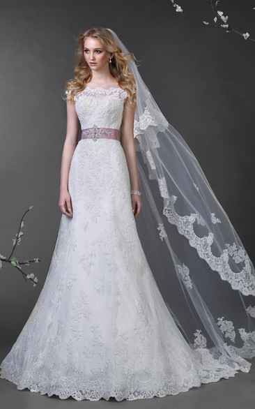 A Line Off-the-shoulder Short Sleeve Sweep Train Lace Wedding Dress ...